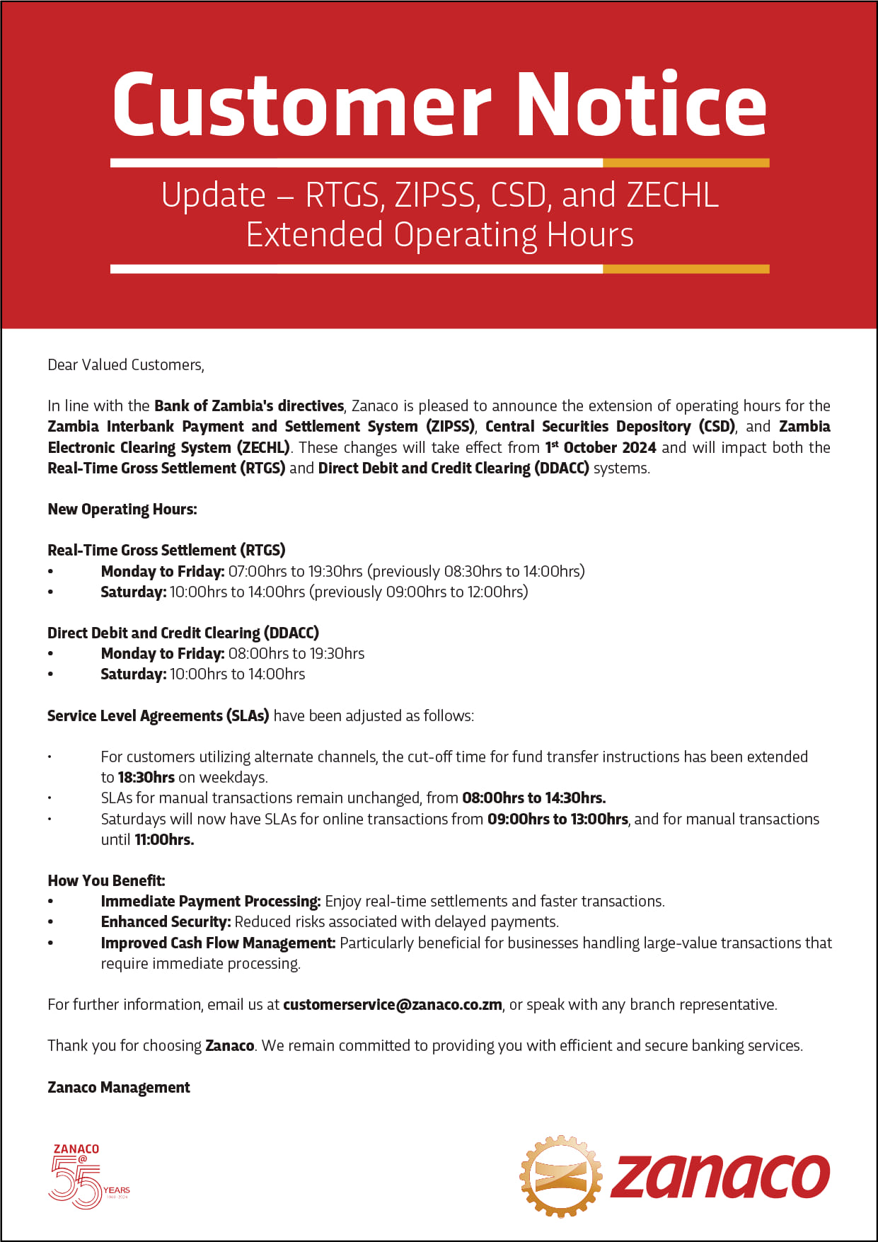 Updated – RTGS, ZIPSS, CSD and ZECHL Extended Operating Hours – Zambia ...