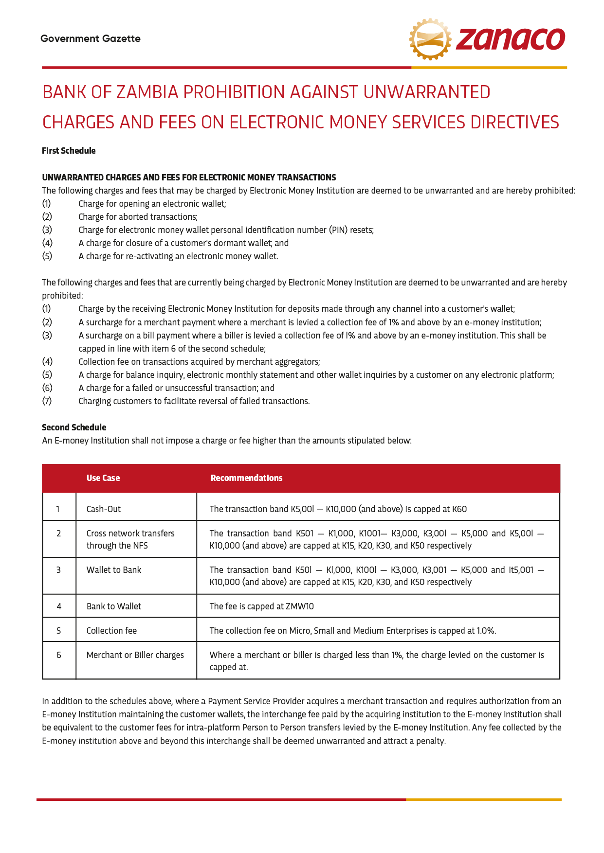 Bank of Zambia Prohibition Against Unwarranted Charges and Fees on ...