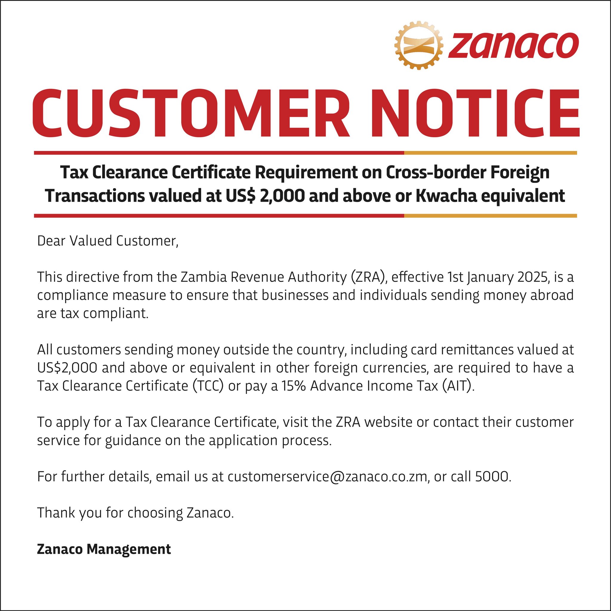 Customer Notice – Tax Clearance Certificate Requirement on Cross-border ...