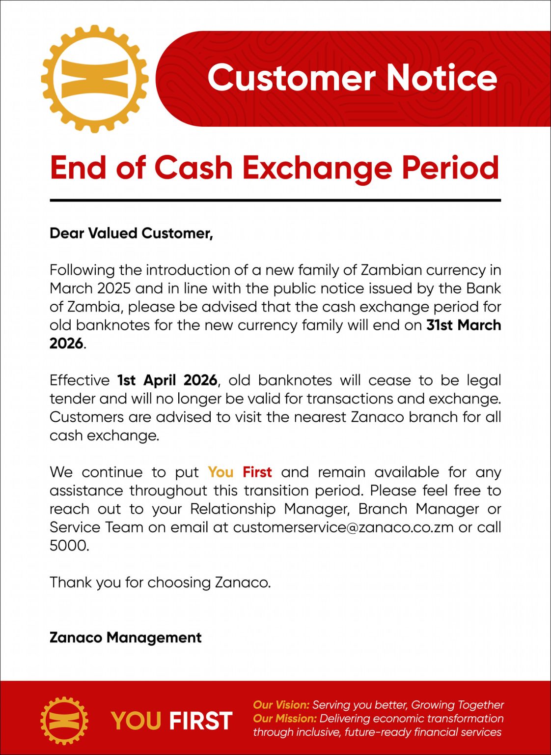 Customer Notice: End of Cash Exchange Period. – Zambia National ...